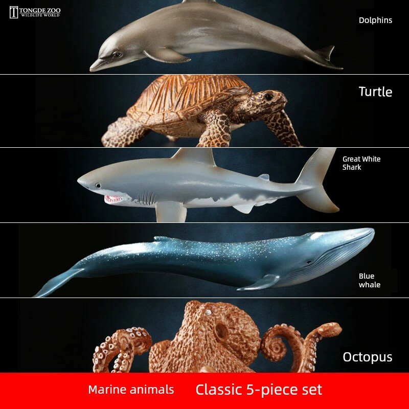 Набор из 5 пластиковых моделей морских животных: белая акула, синий кит, дельфин, черепаха и осьминог
