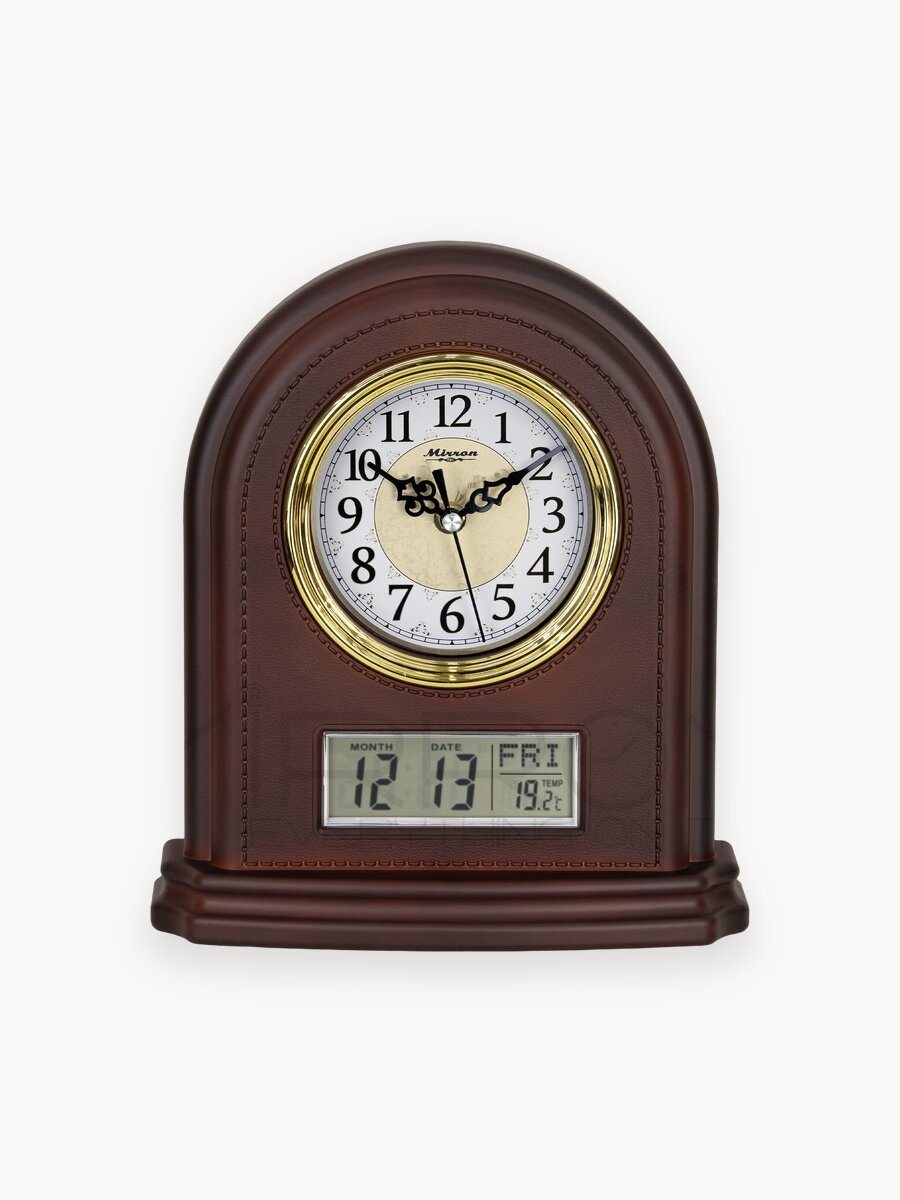 Классические настольные часы с ЖК дисплеем SN06C ЖК ТДБ/Коричневый цвет корпуса/Золотой ободок циферблата/Светлый циферблат/Арабские цифры/Часы с датой/Каминные часы/Металлический циферблат