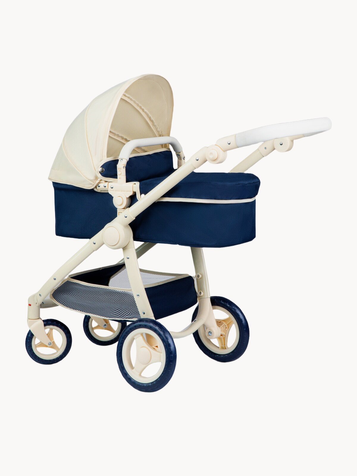 Коляска для кукол металлическая до 60 см трансформер со съемной люлькой бежево-синяя
