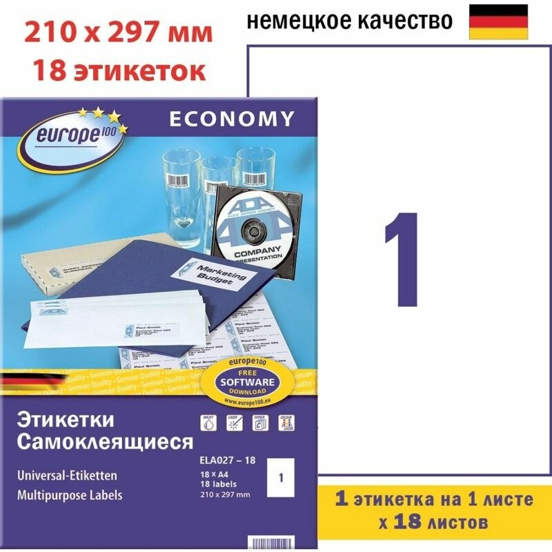 Этикетка самоклеящаяся Avery Zweckform 210х297 мм, 1 этикетка, белая, 70 г/м2, 18 л, Европа-100