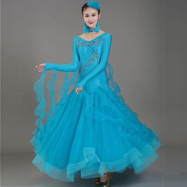 Танцевальное платье с блестками для бальных танцев Spandex L, Голубой, sky blue