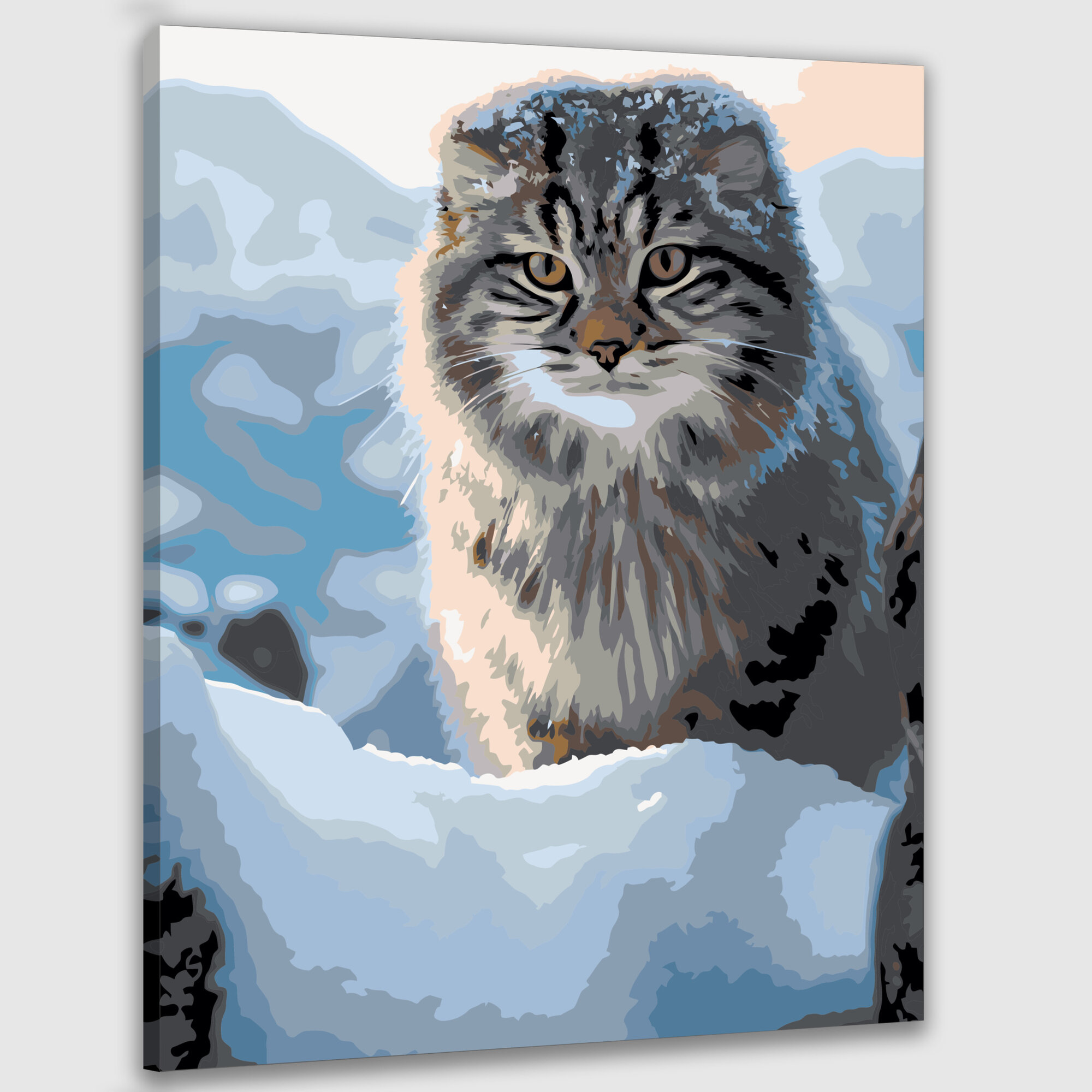 Картина по номерам 40x50 см, манул, заснеженная среда, телеобъектив, разрешение, мех, черты лица, скала, шерсть