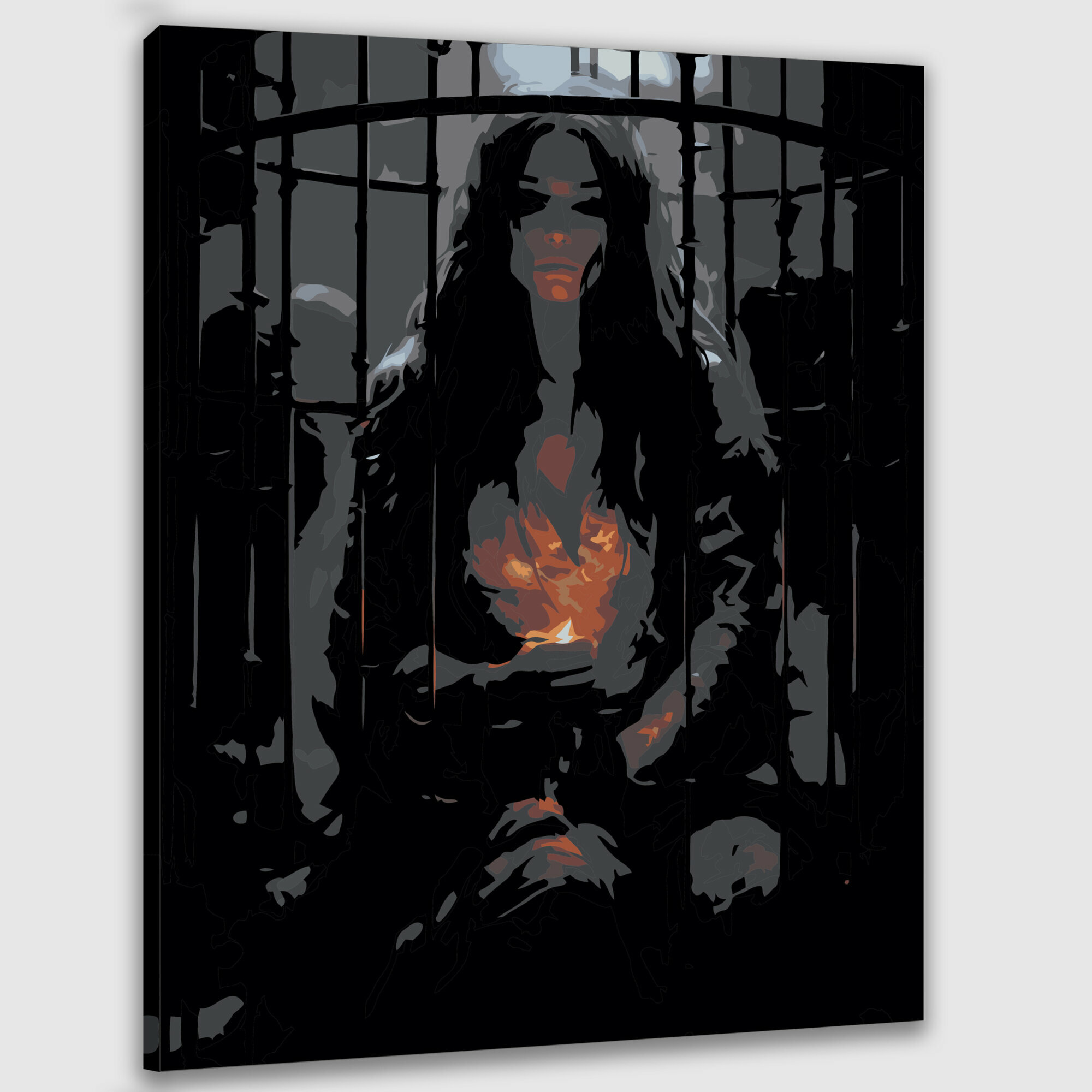 Картина по номерам 40x50 см, ведьма, длинные волосы, изодранные одежды, клетка, свеча, тени, глаза, вызов, печаль