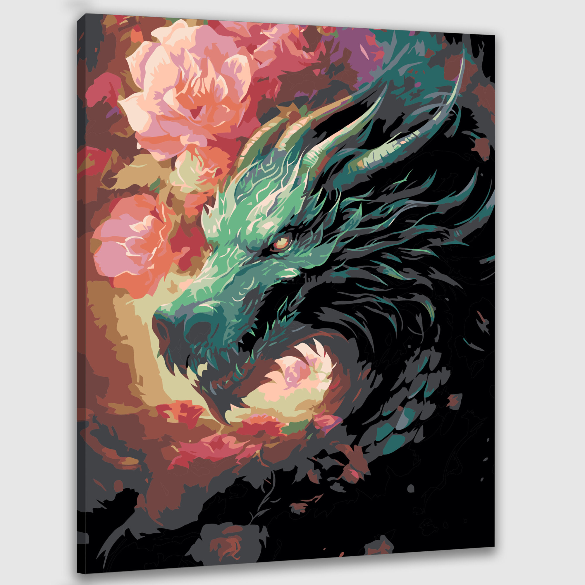 Картина по номерам 40x50 см, картина, дракон, цифровая, чешуя, изумрудно-зеленый, рубиново-красный, сапфирово-синий