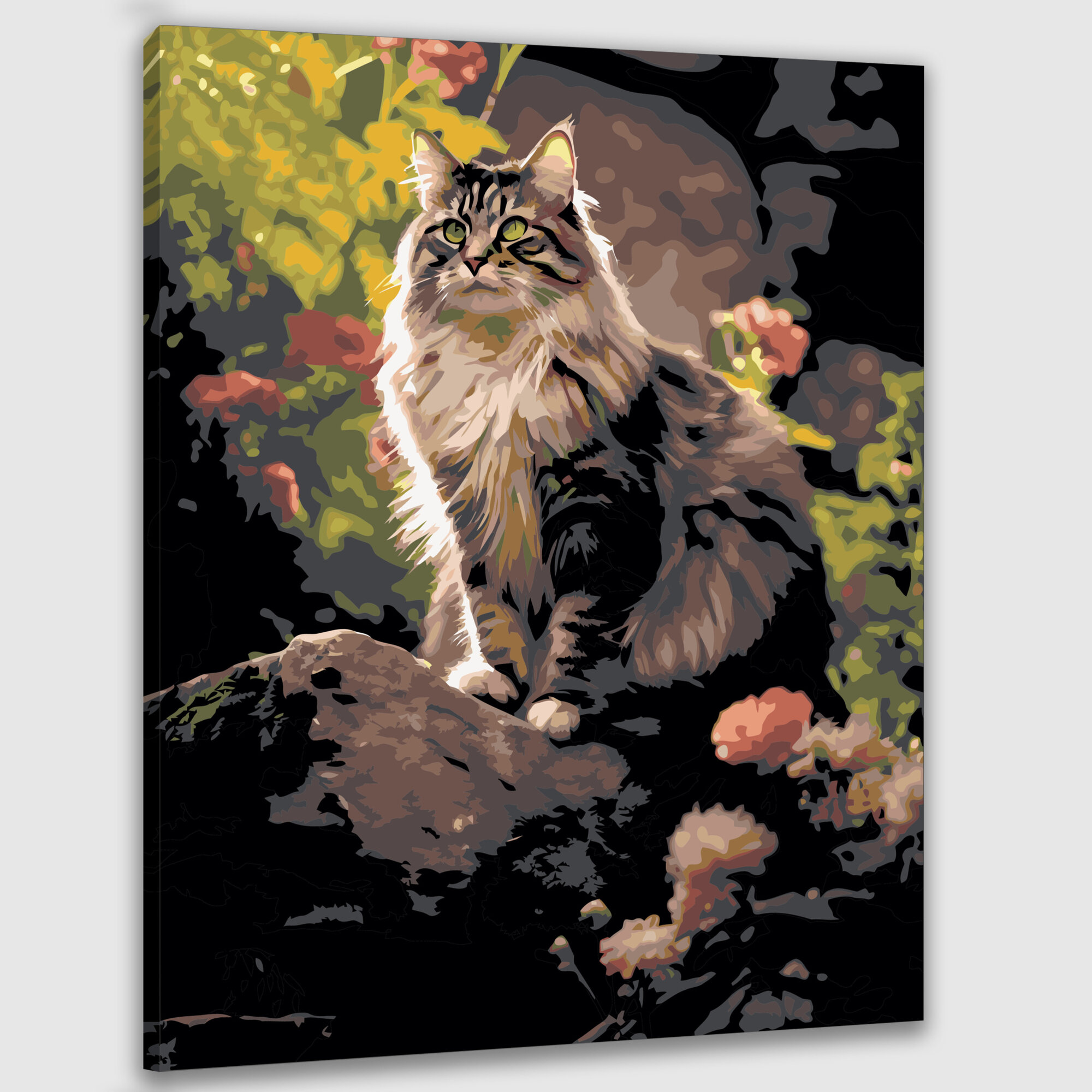 Картина по номерам 40x50 см, кошка, мейн-кун, мех, солнце, каменная стена, сад, глаза, тайна, мудрость, цветы, зелень