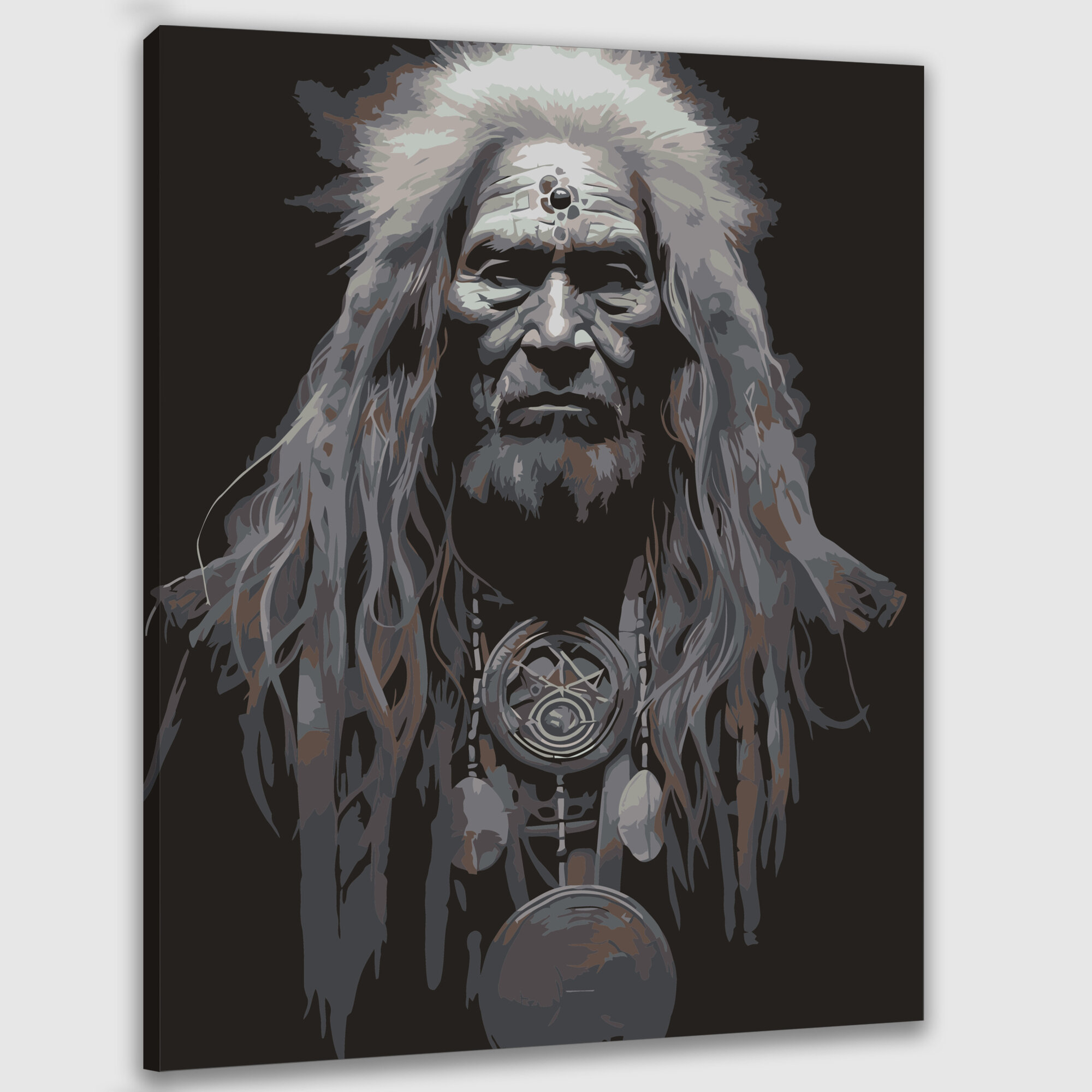 Картина по номерам 40x50 см, шаман, уголь, рисунок, детализация, растушевка, глаза, интенсивность, мудрость, энергия