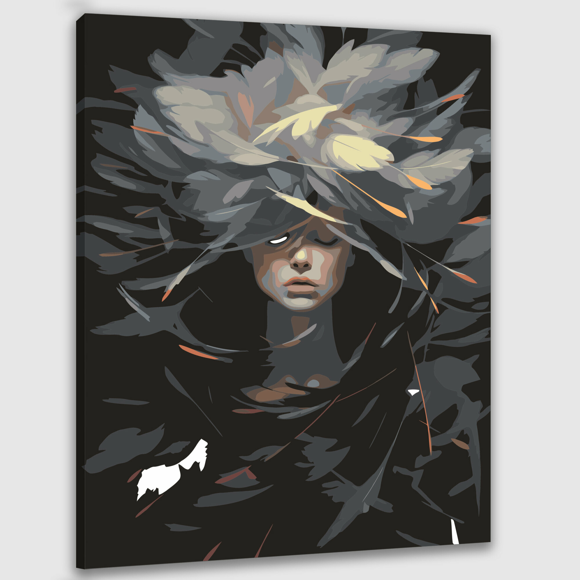 Картина по номерам 40x50 см, сюрреализм, цифровая картина, Ами Джадд, таинственная девушка, лицо с перьями, интрига