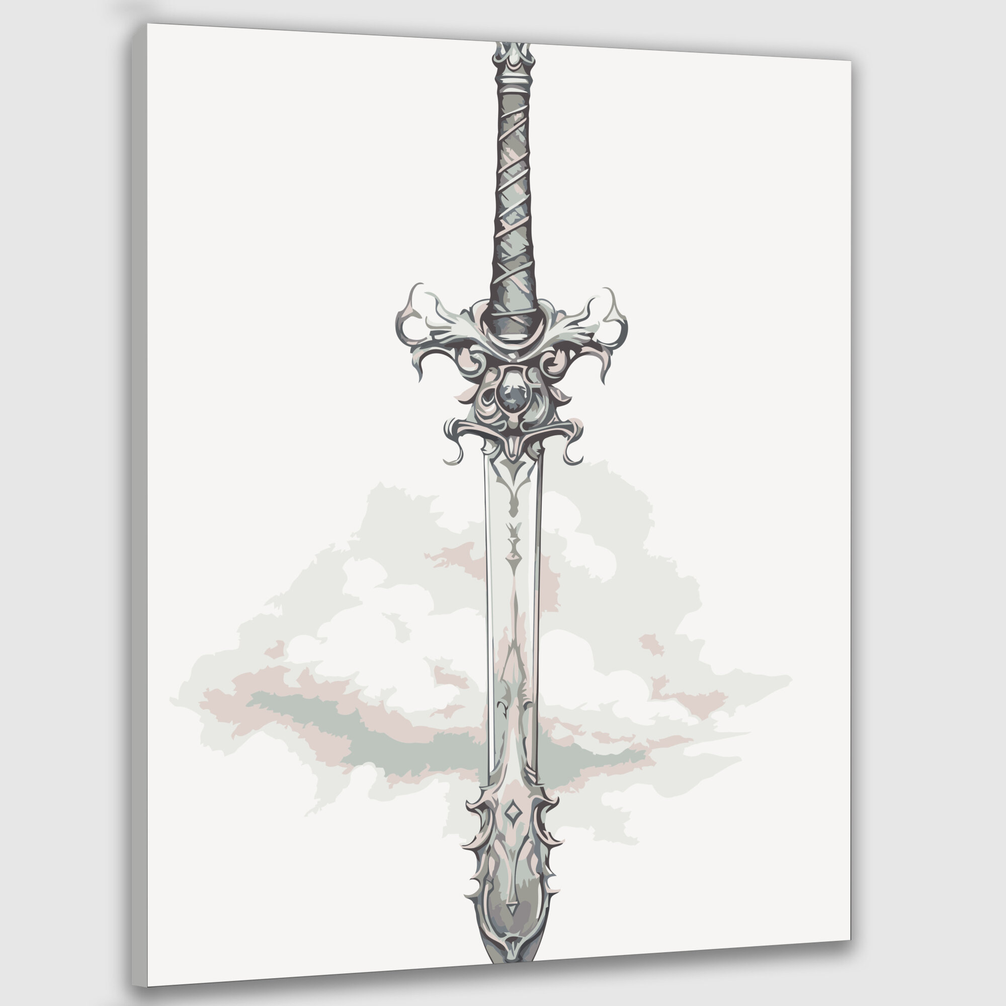 Картина по номерам 40x50 см, меч, графитовый набросок, текстура, вес, гравировка, потертые края, композиция, облака
