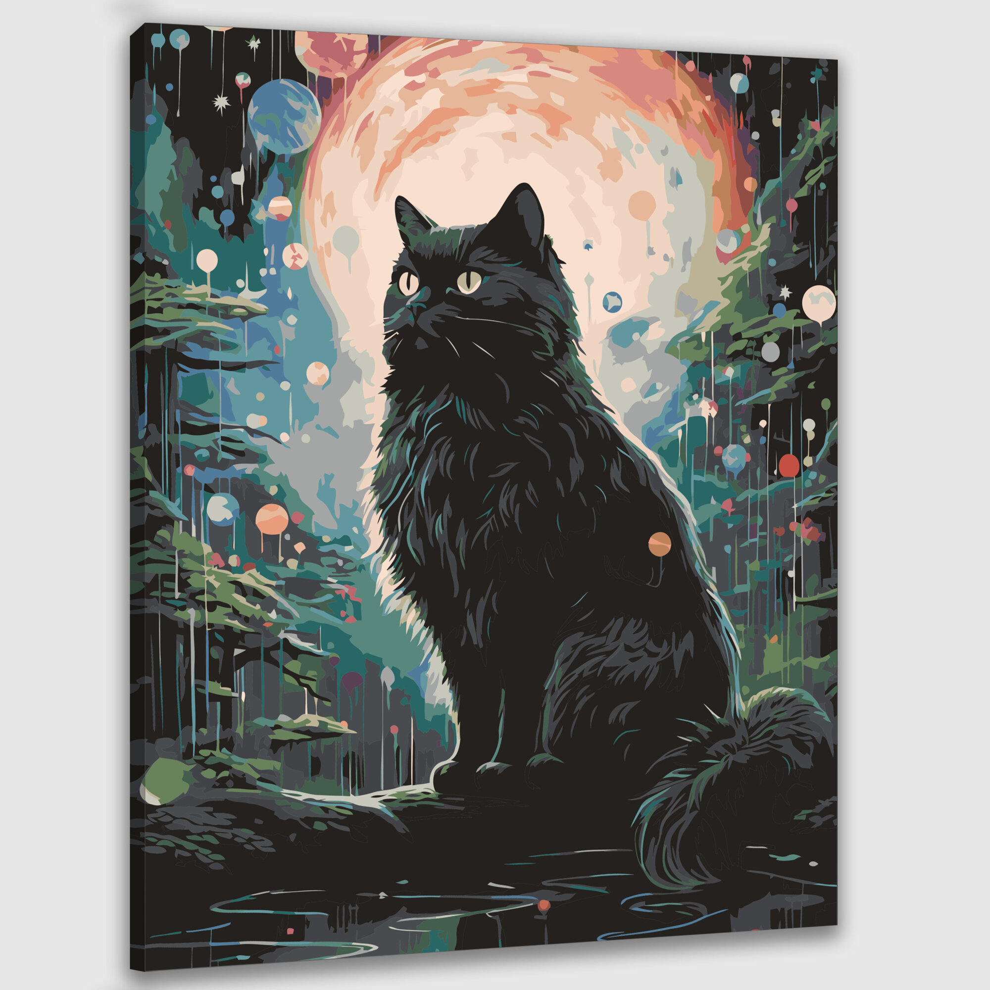 Картина по номерам 40x50 см, картина, искусство, смешанная техника, кошка, светящиеся созвездия, сказочный пейзаж