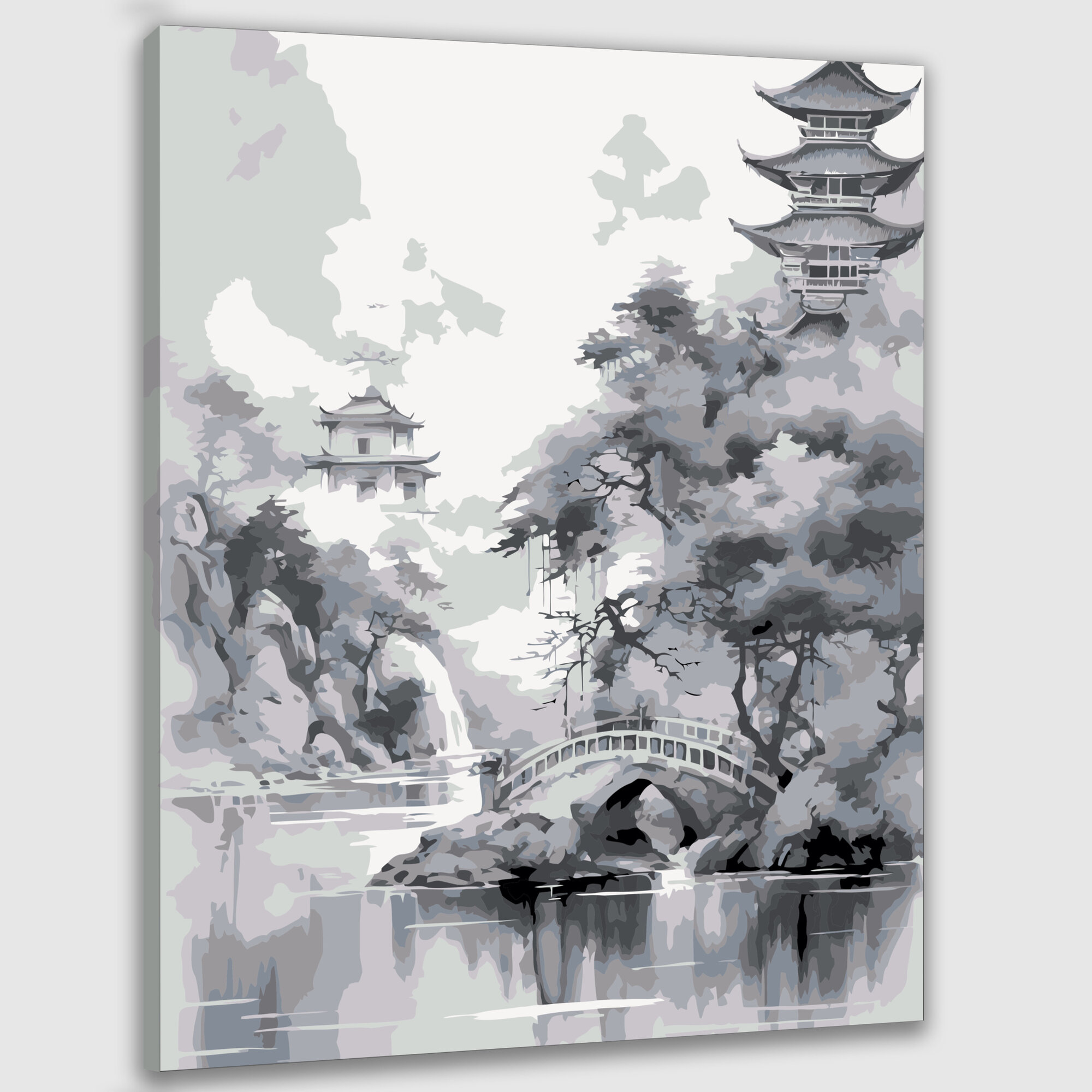 Картина по номерам 40x50 см, картина, тушь, размытие, храм, пейзаж, святыни, Genshin Impact, монохромная, кисть, тушь