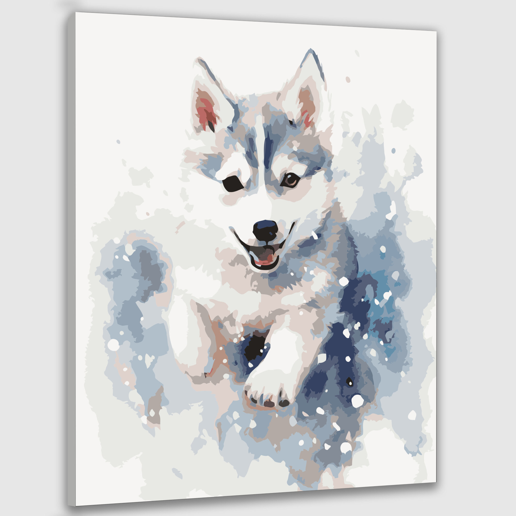 Картина по номерам 40x50 см, щенок хаски, акварель, игривый, зимняя страна чудес, белая шерстка, пастельные оттенки