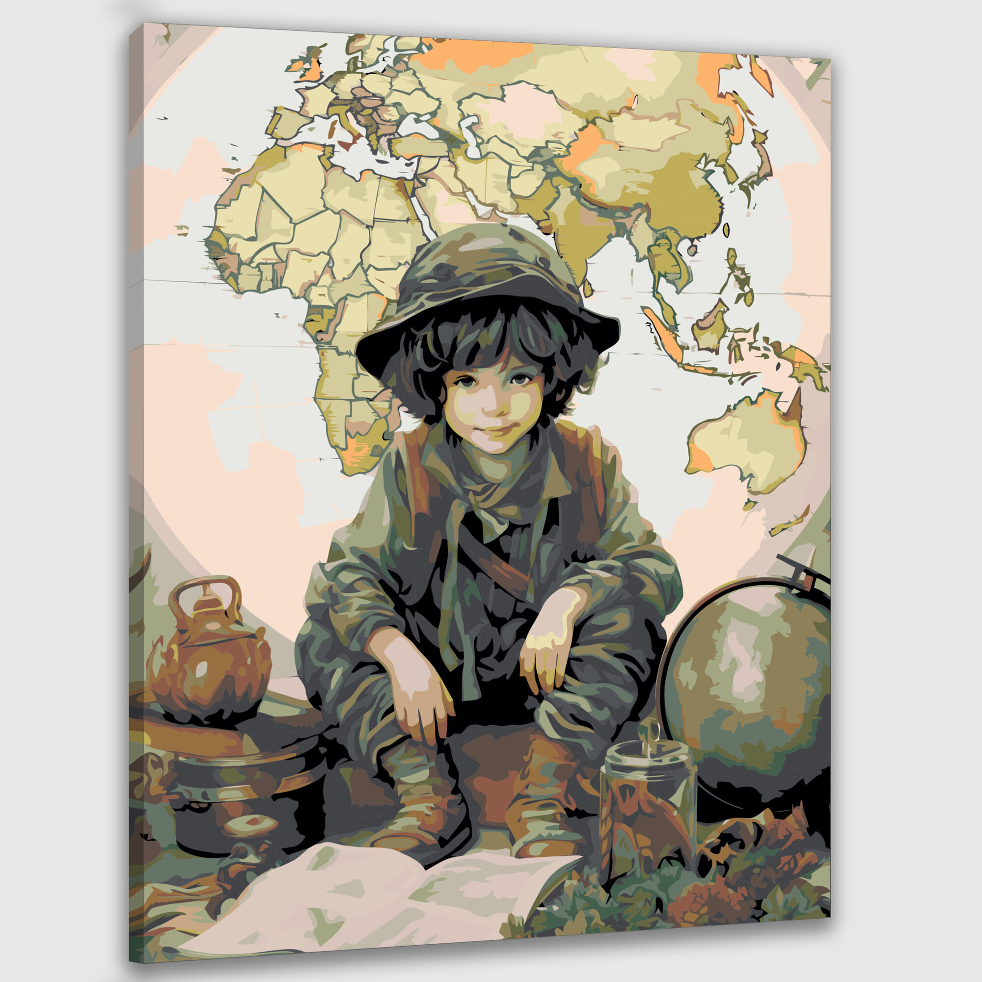 Картина по номерам 40x50 см, акварельная картина, мальчик, карта мира, маршруты исследователей, искатели приключений