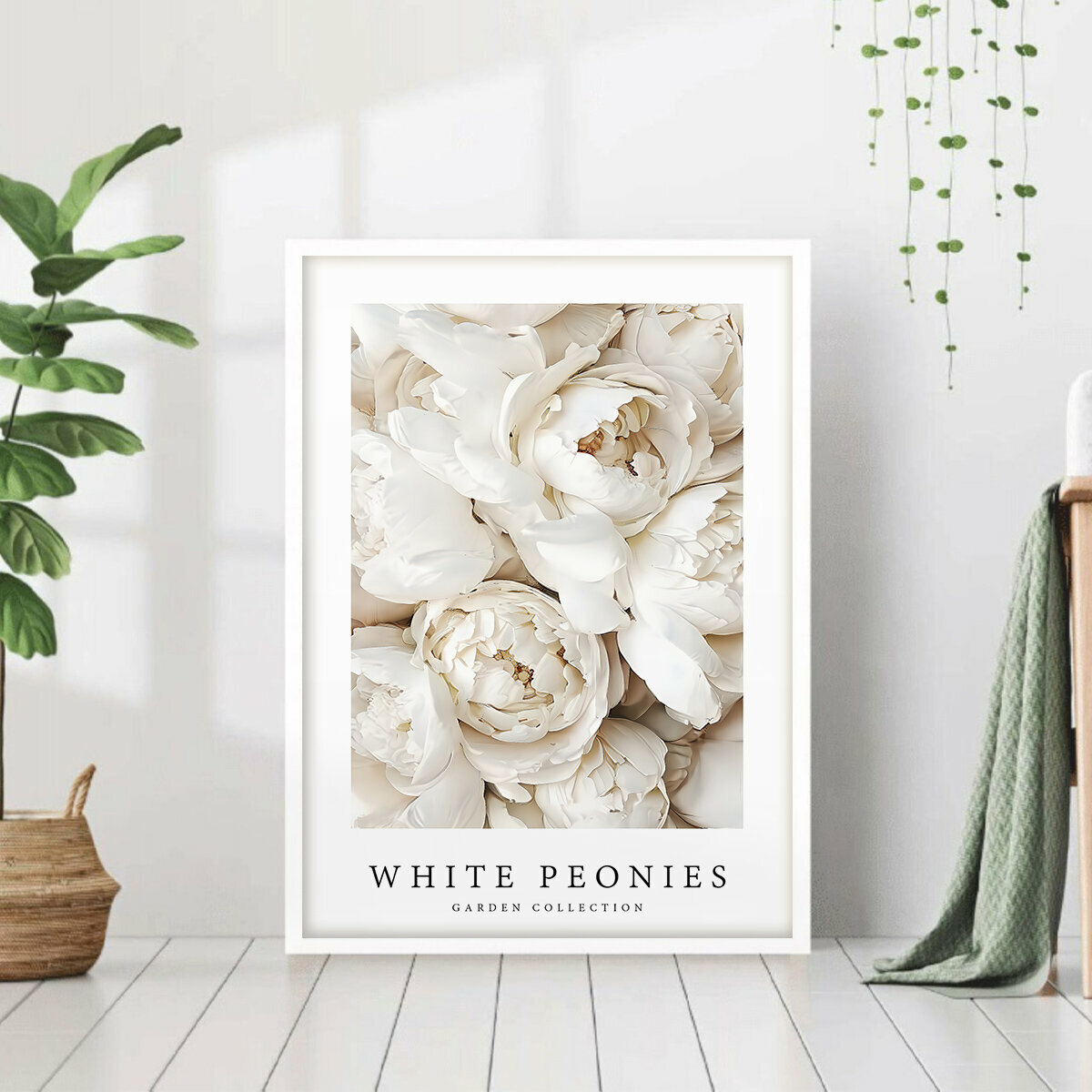 Постер "Пионы белые" 40x50 в белой рамке на стену для интерьера
