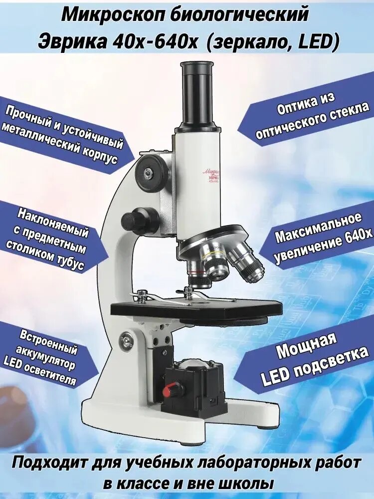 Микроскоп учебный биологический Микромед Эврика 40х-640х (зеркало, LED)