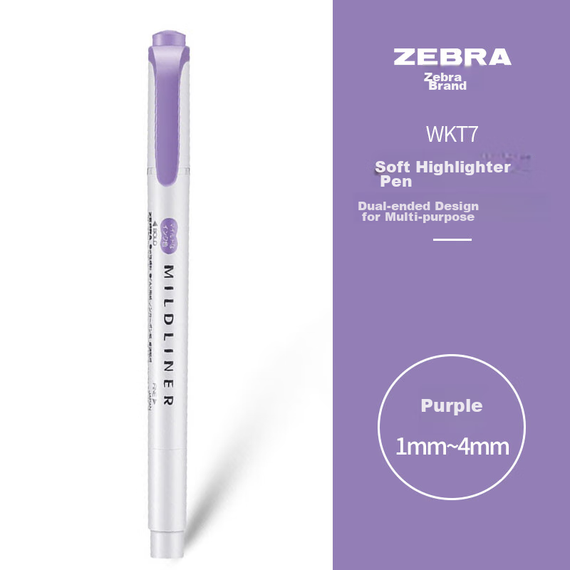 ZEBRA Double-Ended Soft Highlighter, Mildliner Series Single Color Marking Pen, Student Marker, WKT7, Soft Purple