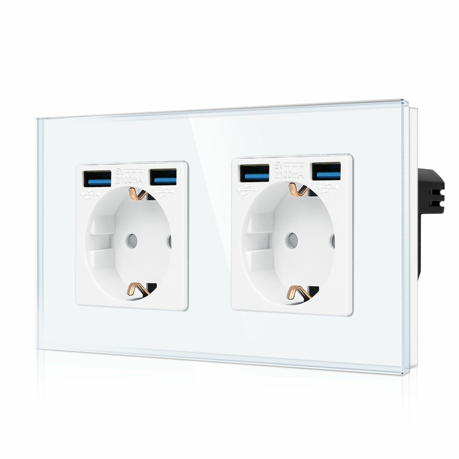 Розетка с usb встраиваемая 2-стойка16А + 2 USB на 2,1А в стеклянной белой рамке для стандартного круглого подрозетника,1шт