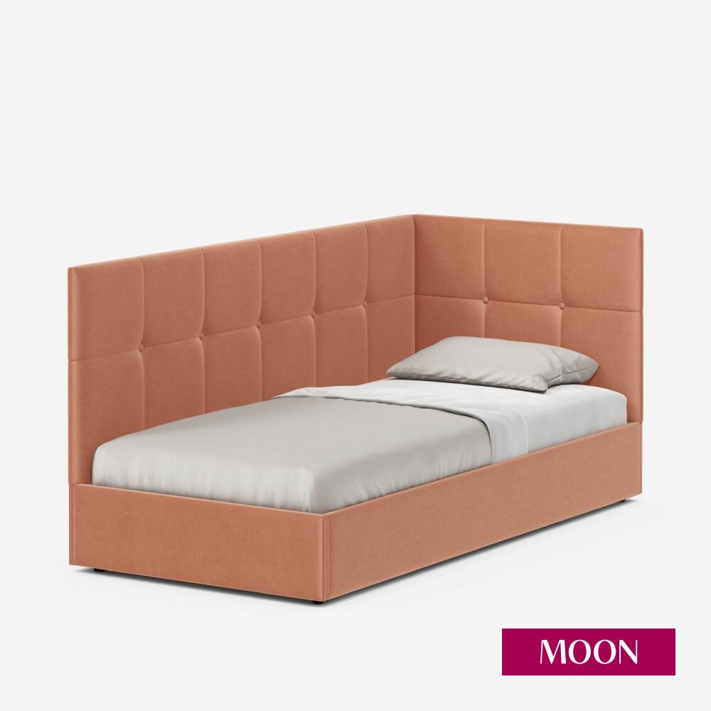 Кровать односпальная, подростковая, с подъемным механизмом, MOON FAMILY 1261, размер 90х200 см, велюр оранжевый, ящик для белья, правая боковая спинка. Ортопедическое основание в комплекте