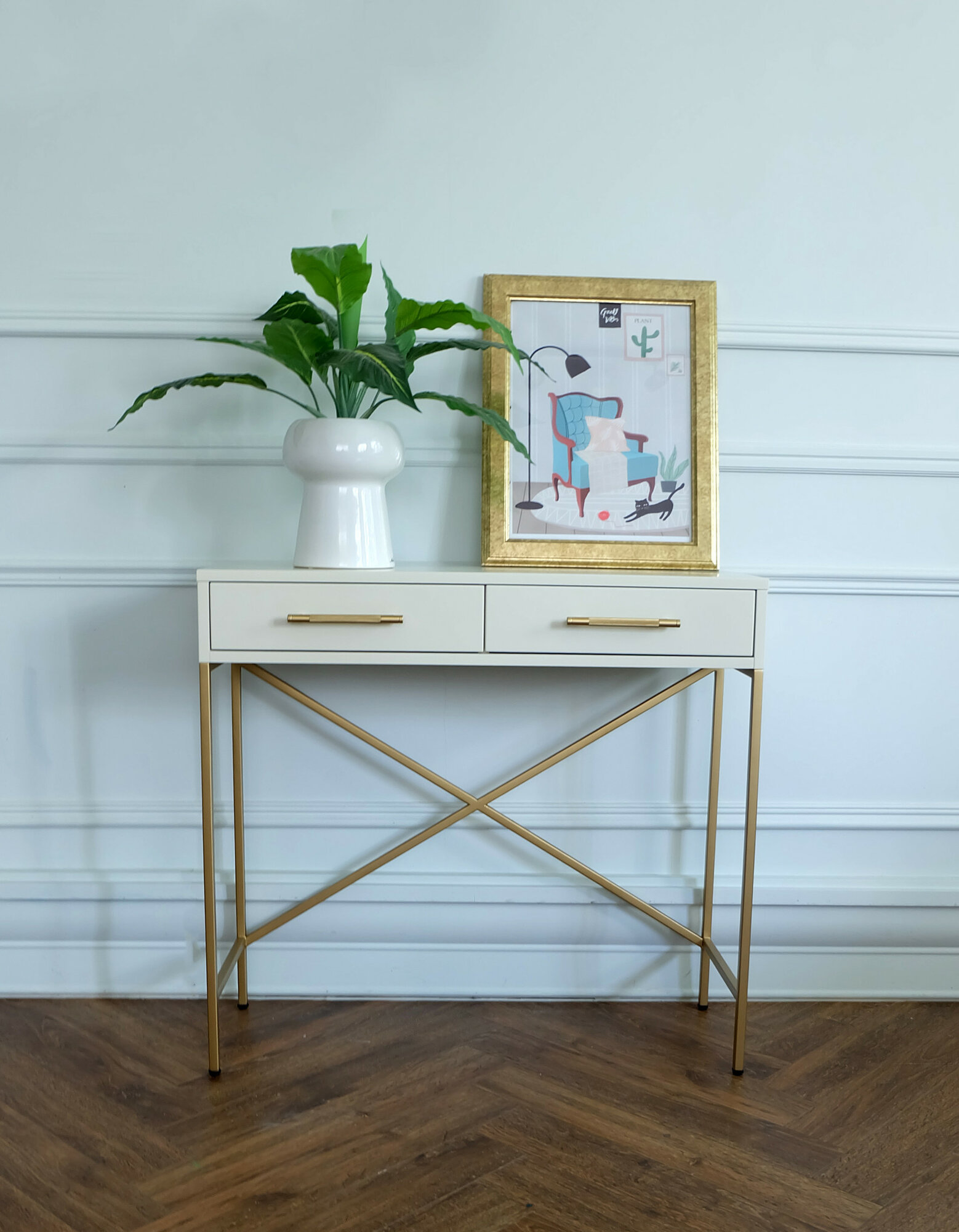 Консоль Равенна 244 с двумя ящиками бежево-серого цвета RAL 7044 на золотистом металлическом каркасе