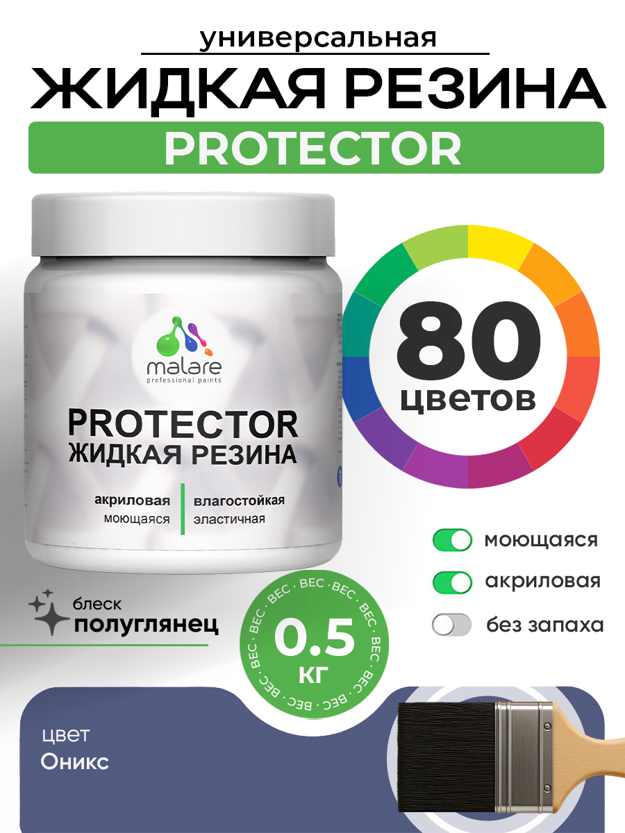 Жидкая резина Malare PROTECTOR, эластичная резиновая краска для внутренних и наружных работ, универсальная для дерева, бетона, металла, быстросохнущая, влагостойкая, полуглянцевая, оникс, 0.5 кг.