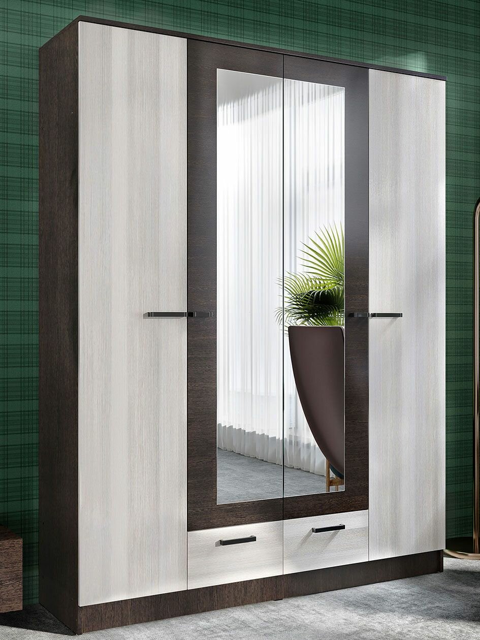 Распашной шкаф для одежды и хранения вещей Адель с двумя штангами, с ящиками, с зеркалом, 160х47х210 см, Венге / Лоредо