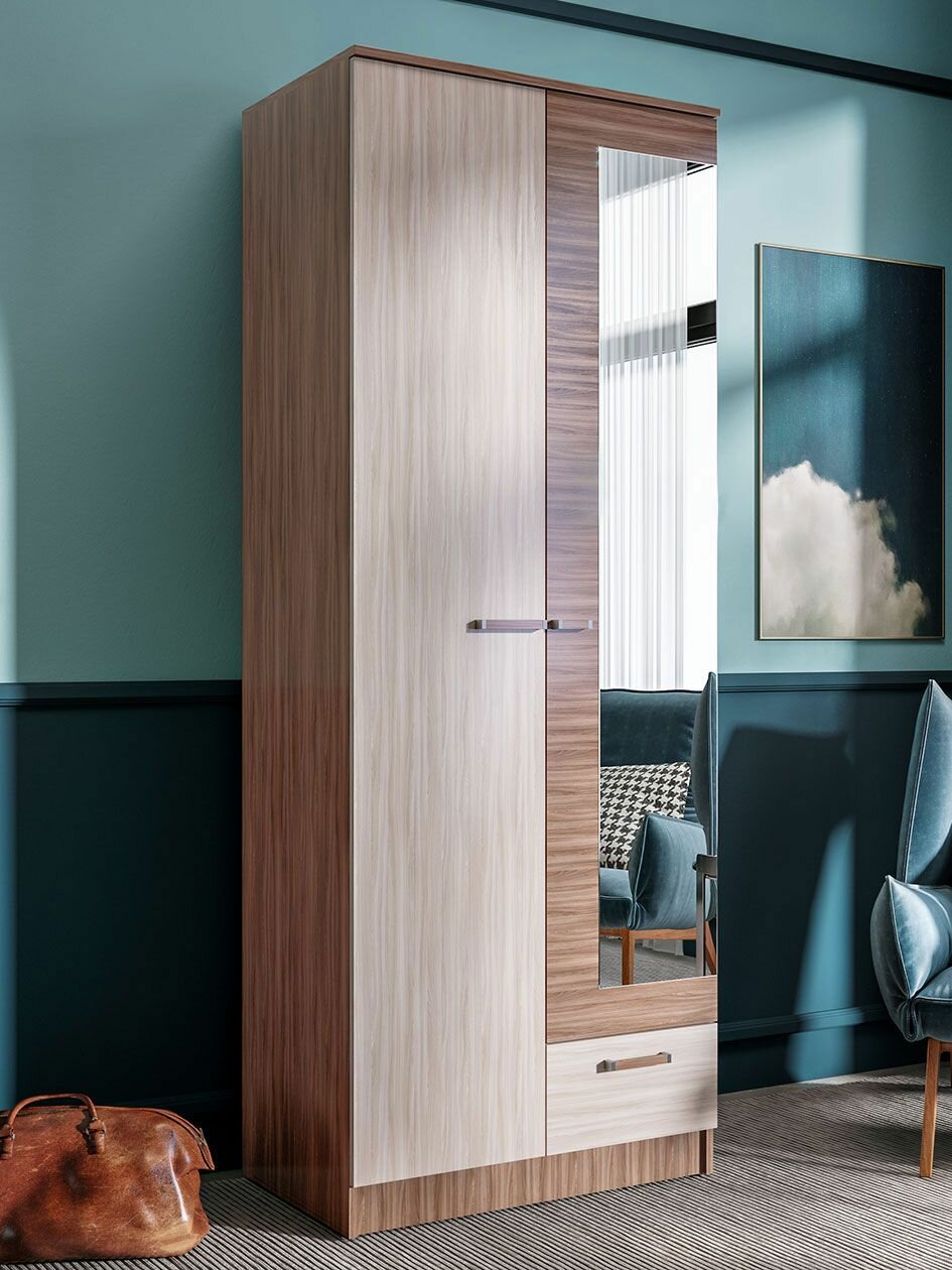 Распашной шкаф для одежды и хранения вещей Адель с одной штангой, с ящиком, с зеркалом, 80х47х210 см, Ясень Шимо темный / Ясень Шимо светлый