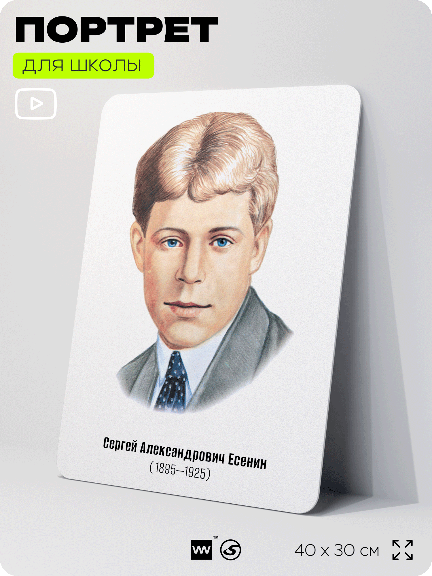 Портрет для школы в кабинет литературы и русского языка "Есенин Сергей Александрович", стенд школьный для класса, для оформления классного уголка, 40х30 см, Silver Plane x Айдентика Технолоджи