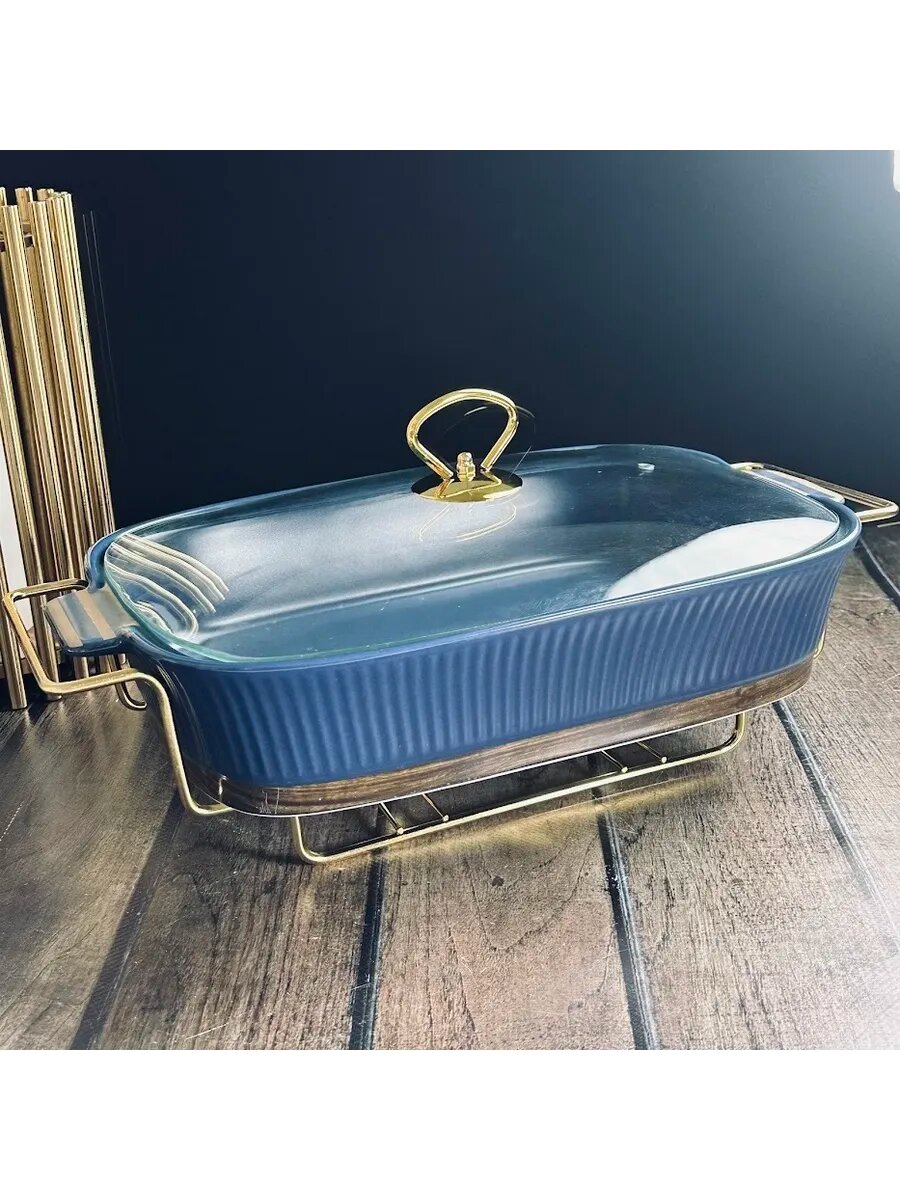 Прямоугольный сервировочный мармит Lenardi Wood 38см, 2.7л, фарфор