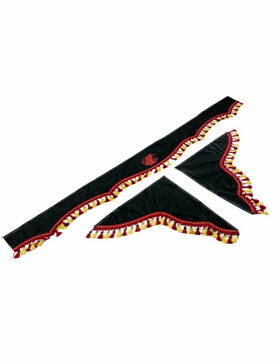 Ламбрекены для грузовиков микрофибра черный (бахрома кисти черный красный) по ширине лобового окна 2,2 м 1 шт + боковые 2 шт