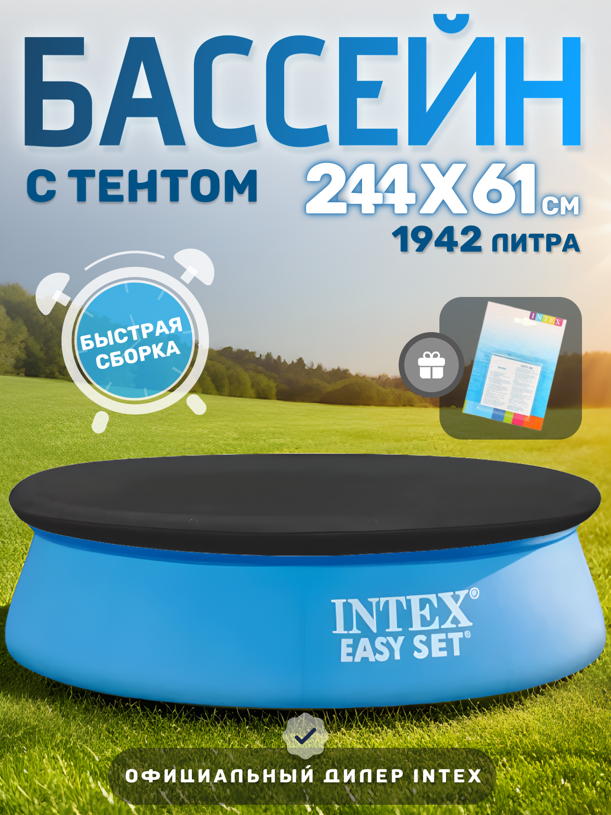 Бассейн детский для дачи надувной 28106 с тентом, 244х61см