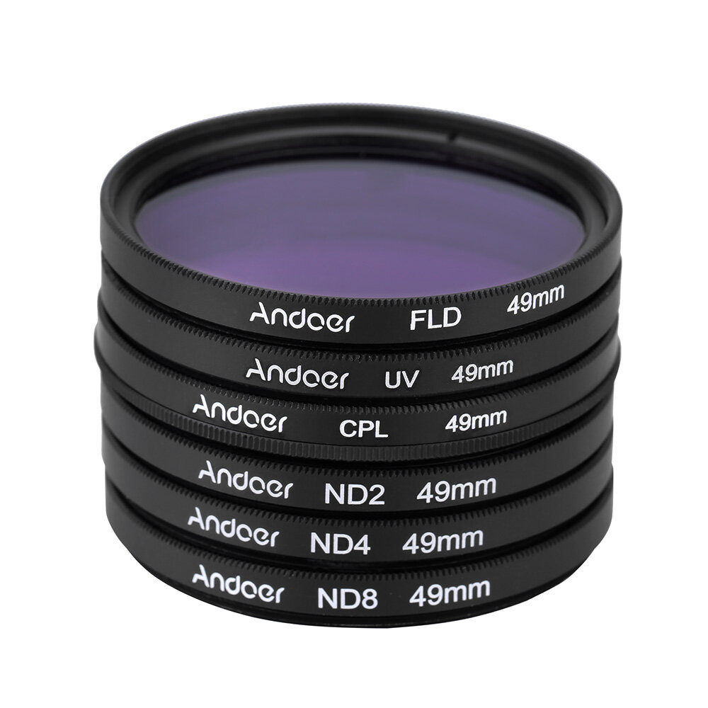 Набор фотофильтров Andoer 49mm UV+CPL+FLD+ND (ND2 ND4 ND8) для ультрафиолетовой, круговой, поляризационной, флуоресцентной и нейтральной светочувствительности для цифровых зеркальных камер Nikon, Canon, Sony, Pentax.