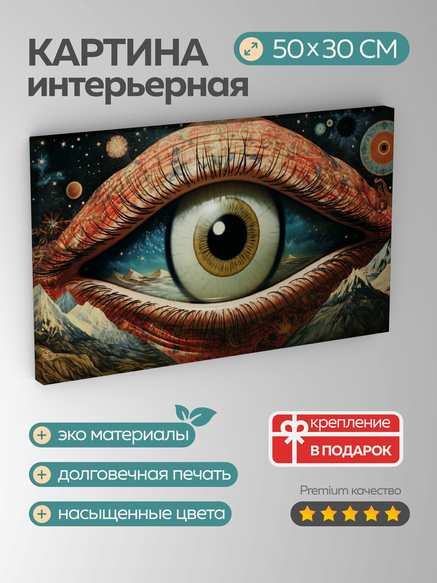 Картина на холсте интерьерная 50х30 см, сюрреализм, коллаж, смешанная техника, глаза вечности, фотография, живопись