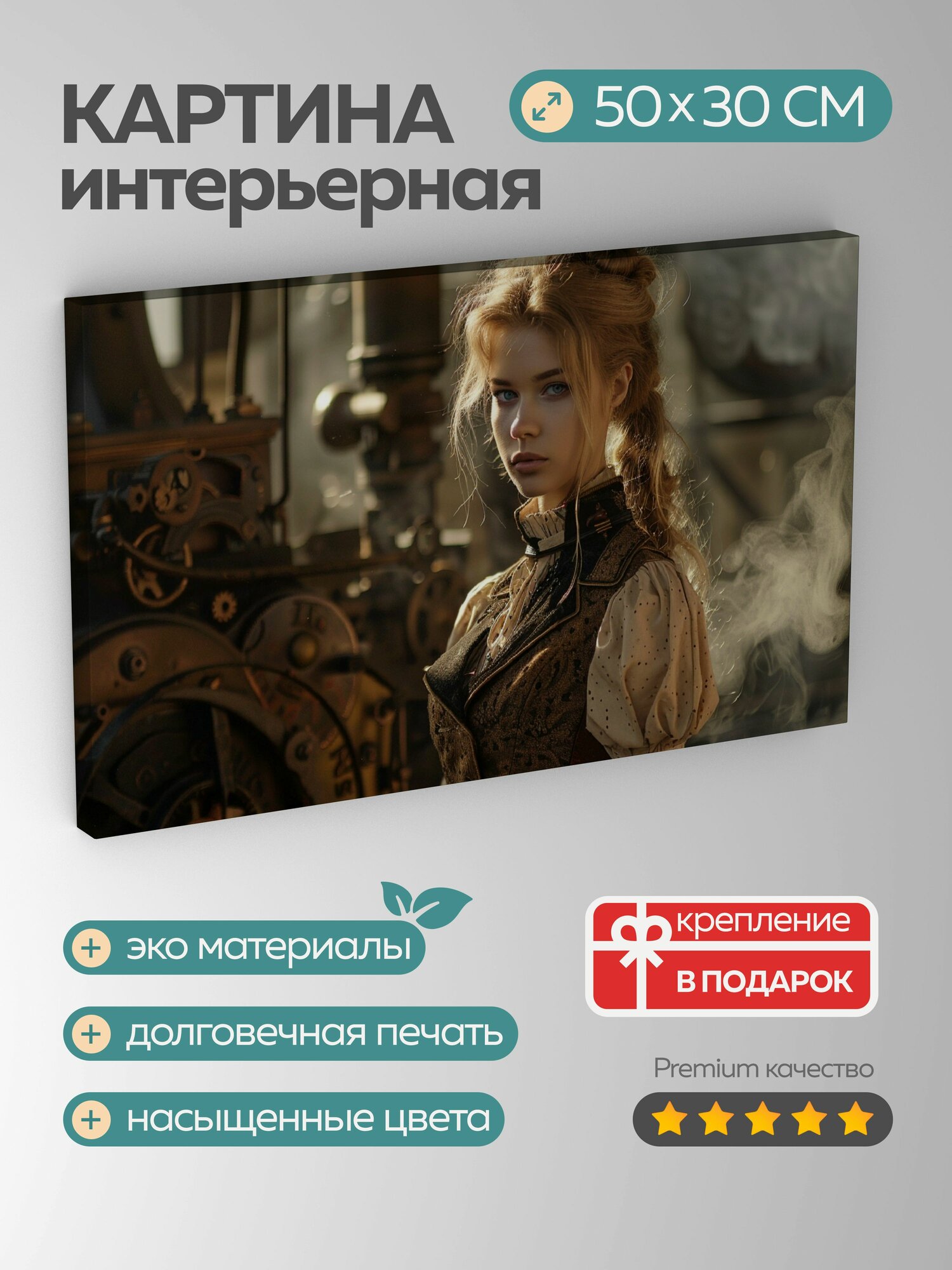 Картина на холсте интерьерная 50х30 см, стимпанк, манекенщица, викторианский наряд, механика, шестеренки, пар, тени