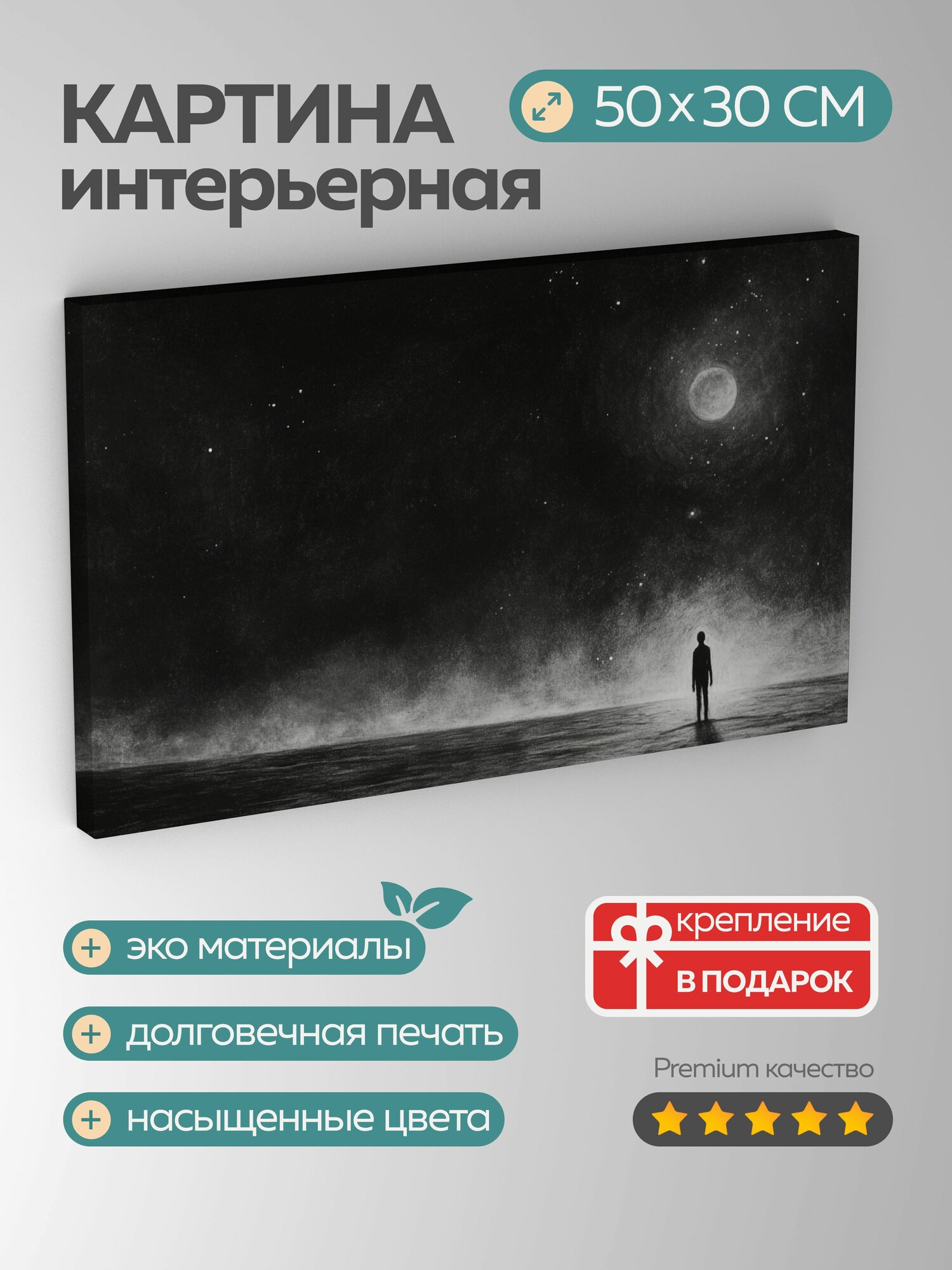 Картина на холсте интерьерная 50х30 см, уголь, фигура, звездное небо, лунный свет, благоговение, космос, одиночество