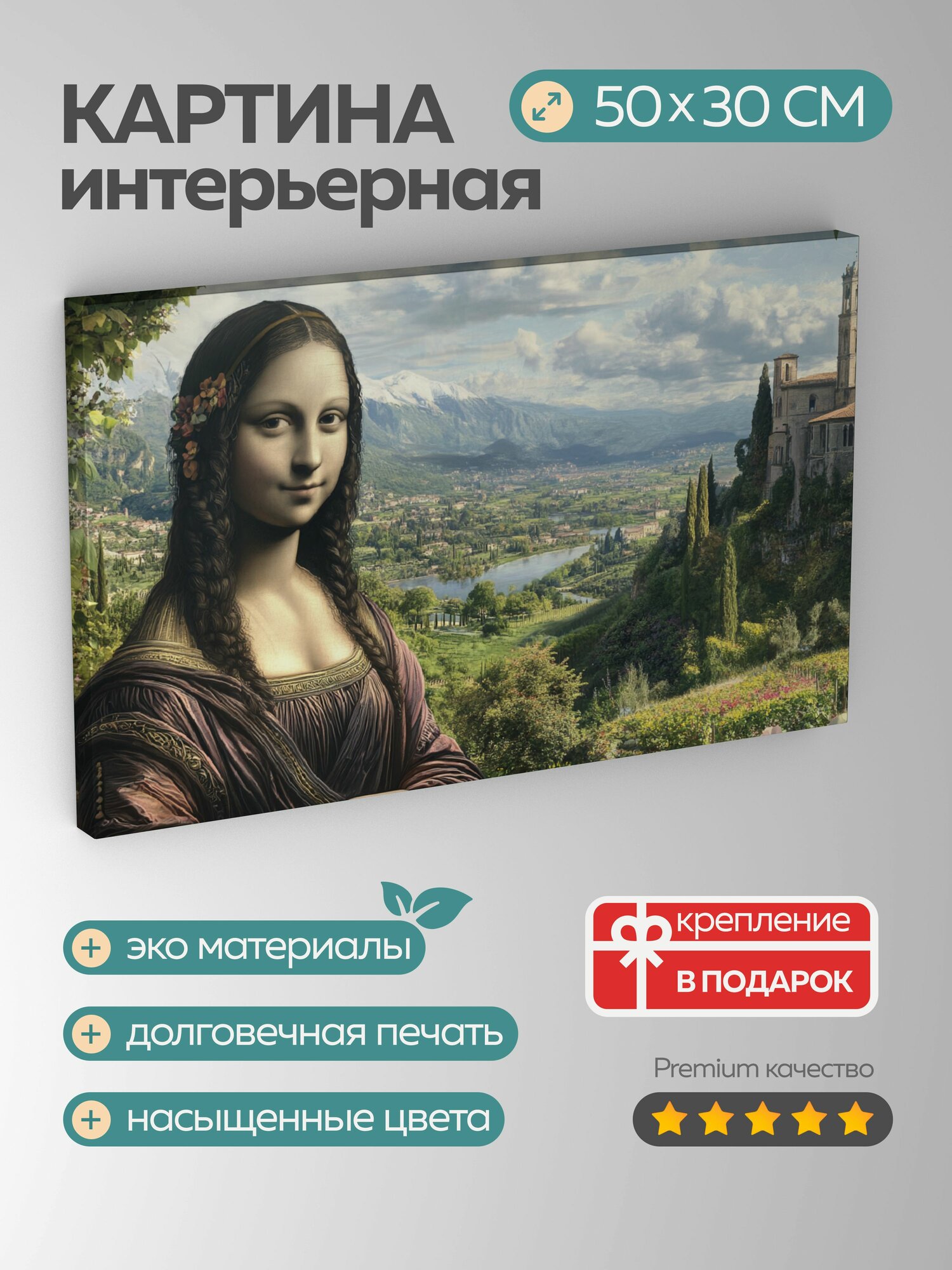 Картина на холсте интерьерная 50х30 см, Мона Лиза, цифровая репродукция, Леонардо да Винчи, детали, улыбка