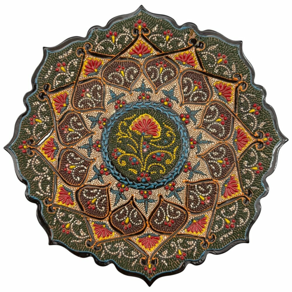 Тарелка декоративная "Орнамент Dots", 26 см, Риштанская керамика, ручная работа, 2022 г, Узбекистан