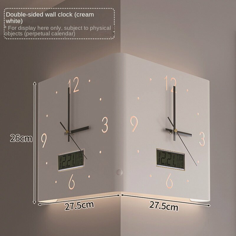 Угловые двусторонние настенные часы, без перфорации, 27 см*27 см, белые, угловая модель, модель с календарем, без подсветки