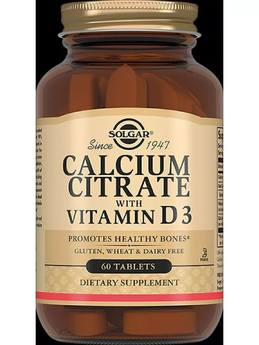 Таблетки SOLGAR Calcium Citrate, с витамином D, для костей и связок, 60 шт.