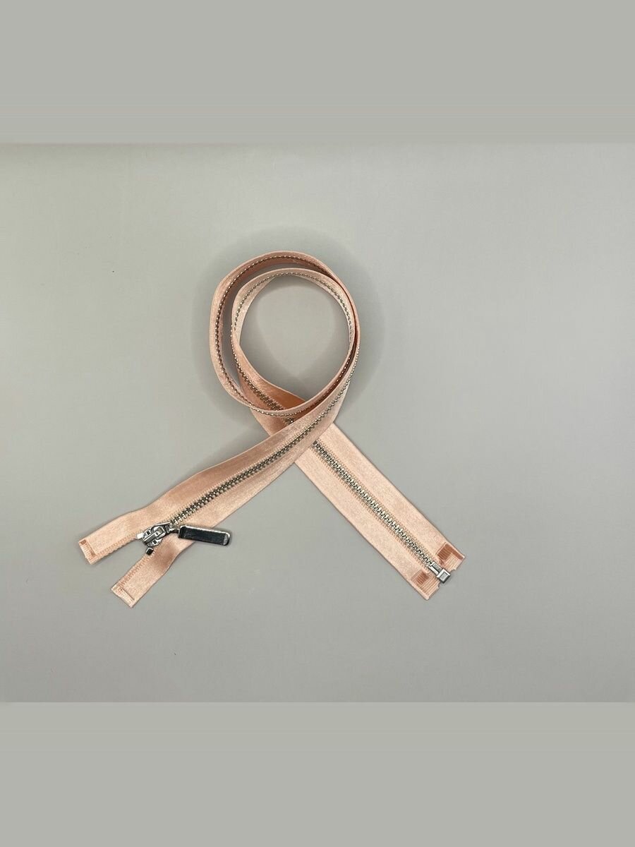 Молния металл,60см, на атласной тесьме, розово-персиковый, зубья серебро, тип 4. Италия.1шт.