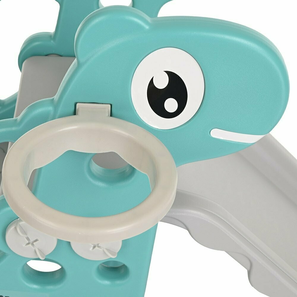 Горка детская для дома и улицы Pituso Зубастик, игровой комплекс 2 в 1 с баскетбольным кольцом, цвет зеленый