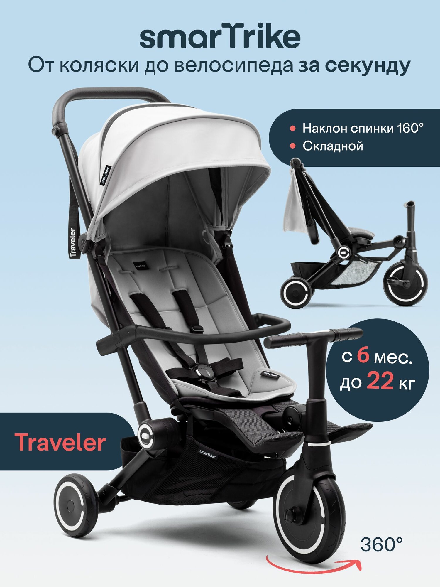 Велосипед детский трехколесный с ручкой SmarTrike Traveler Everest White