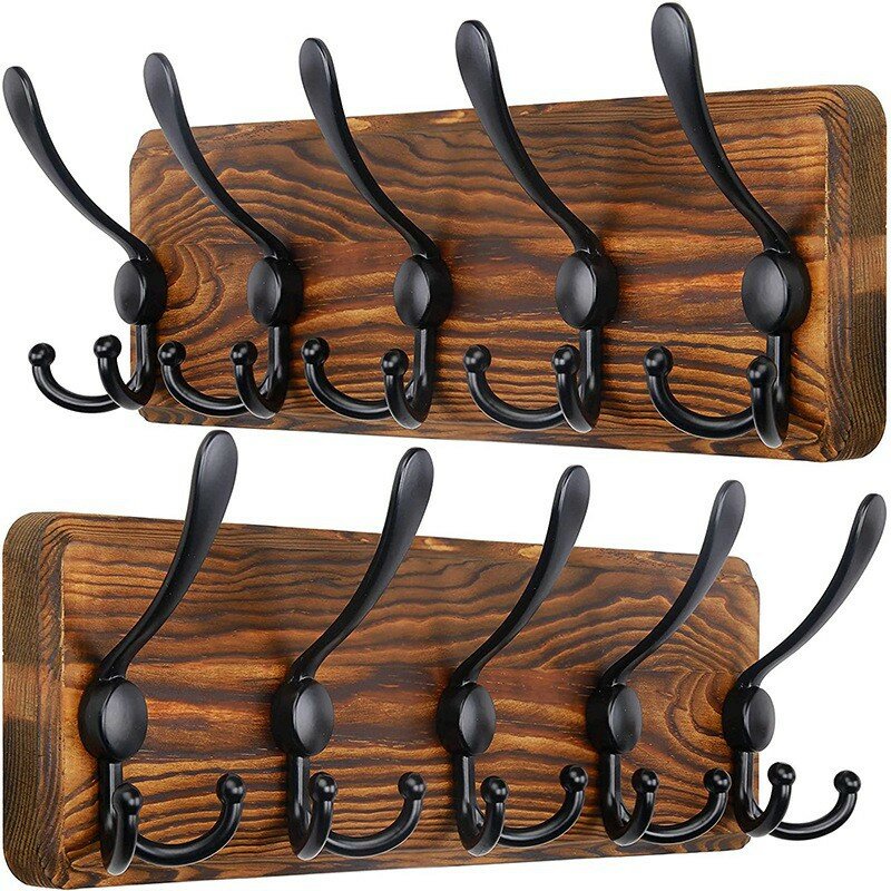 Pетро деревянный Вешалка настенная, 44*11*2 см，Стойка для ключей на стене，5 крючков*2 шт，Настенная полка