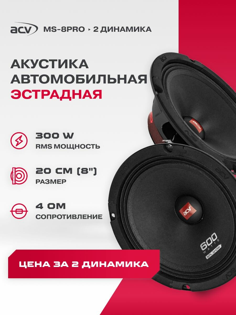 Динамики автомобильные среднечастотные ACV MS-8PRO, 600 Вт, 8" / Динамики автомобильные 20 см