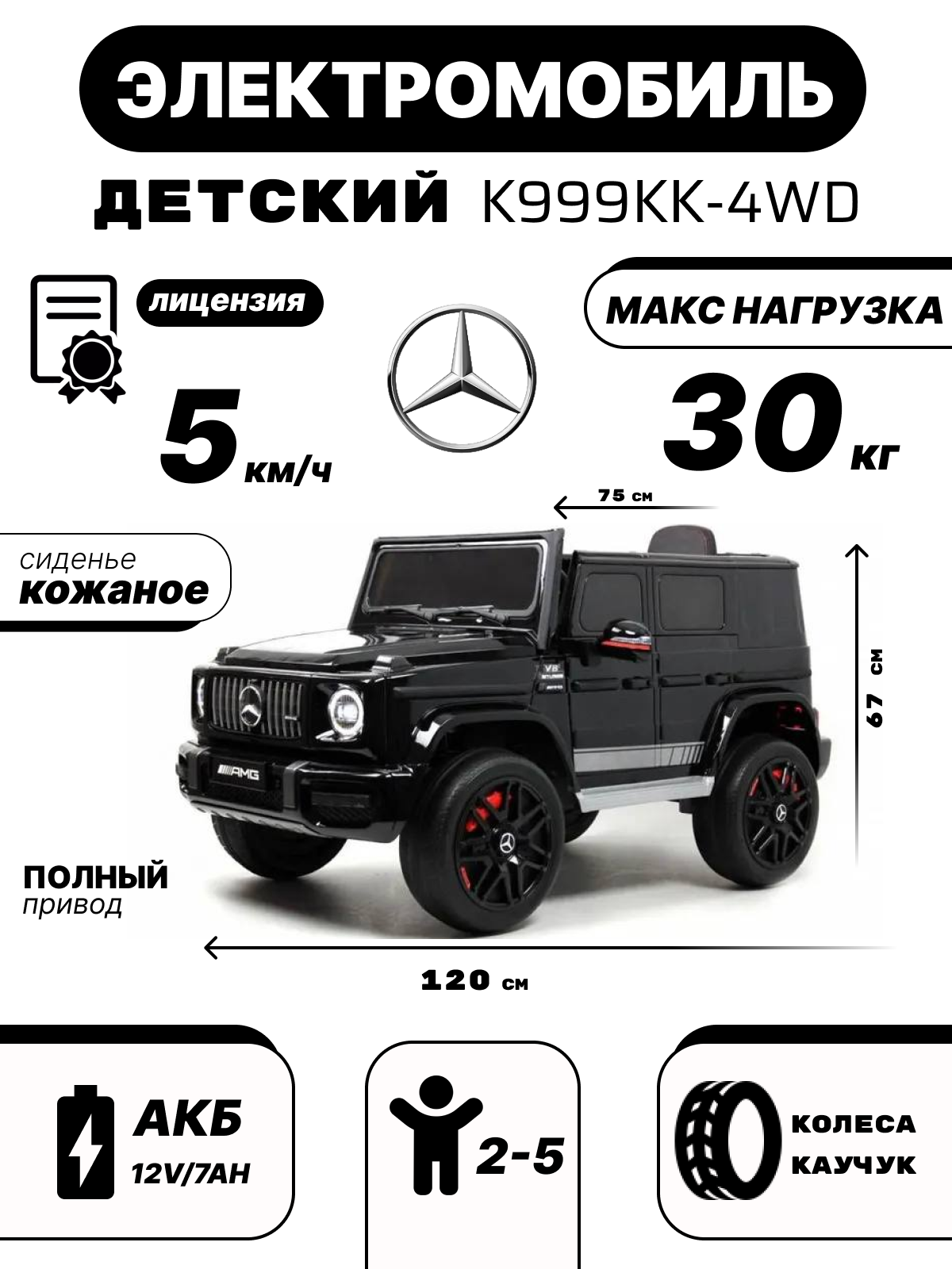 Детский полноприводный электромобиль Mercedes-Benz G63 черный