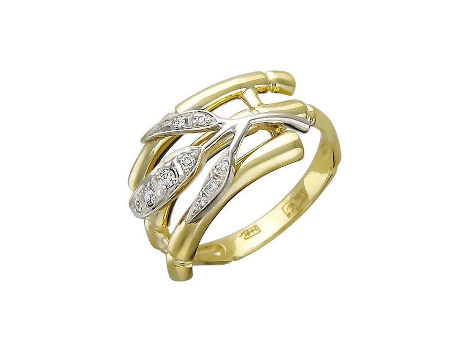 Кольцо широкое, комбинированное золото, 585 проба, фианит