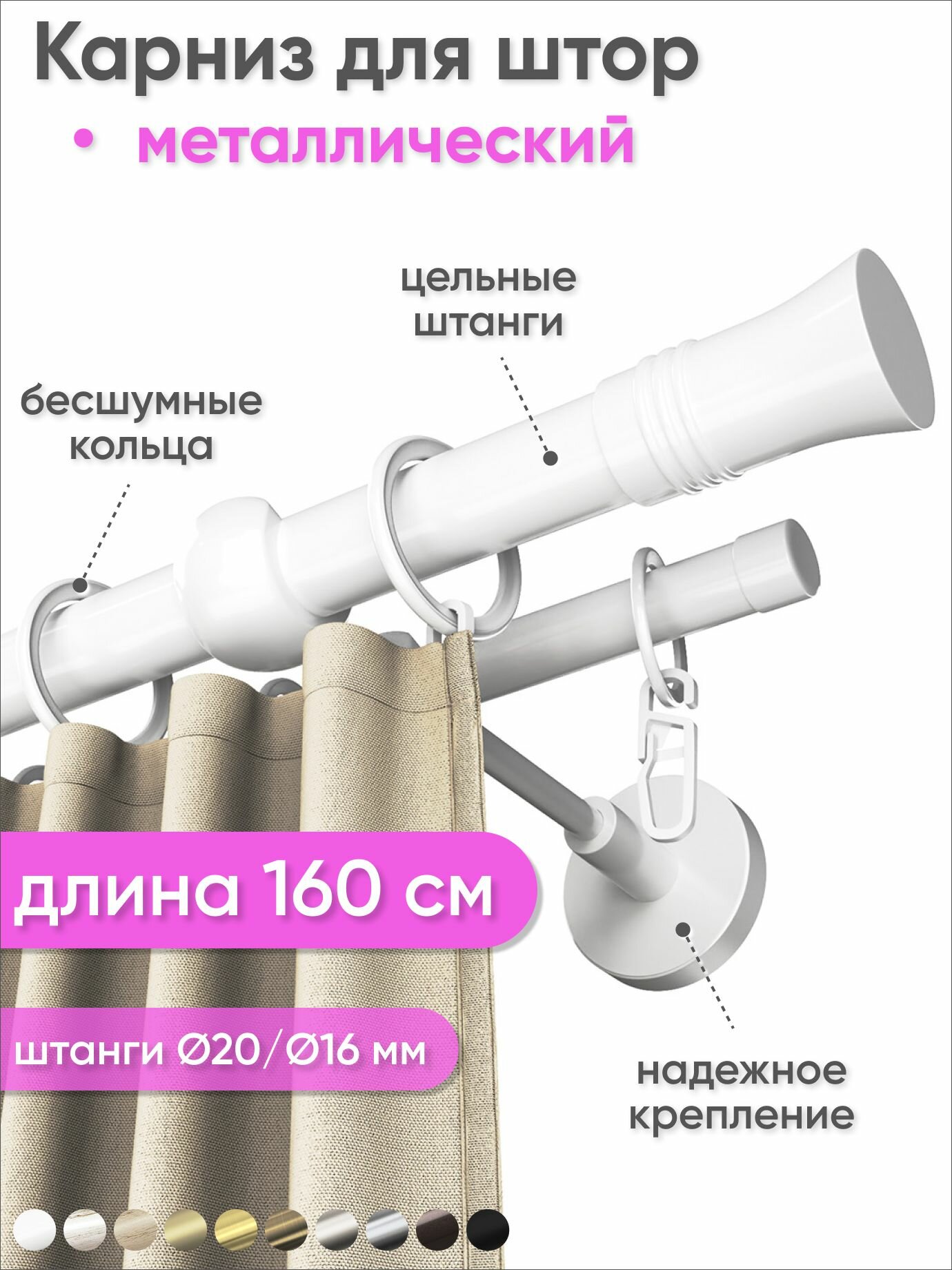 Карниз настенный металлический 2 ряда 160см белый Гиро наконечник