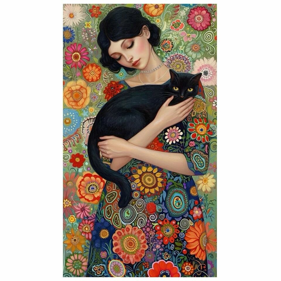 Алмазная картина "Женщина с кошкой" алмазная огранка 40х60 см,40X60CM, белый