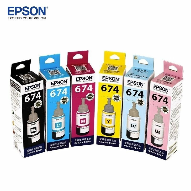 Чернила Комплект 6 цветов EPSON 674, T6741/Т6742/T6743/T6744/T6745/T6746 для принтеров Epson L800 L801 L805 L810 L850 L1800, 6х70 мл
