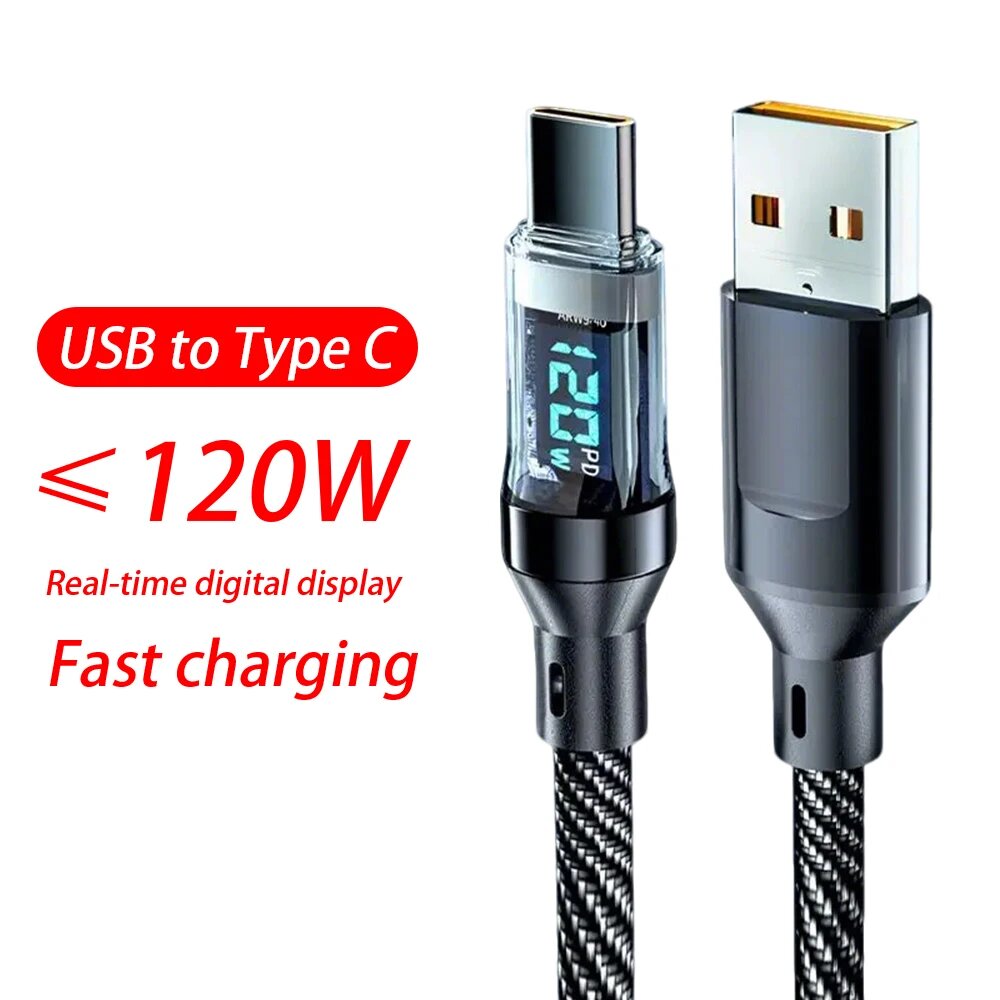 Кабель USB Type C длиной 120 Вт, шнур для быстрой зарядки данных, светодиодный дисплей для Xiaomi Redmi Samsung Huawei Honor OPPO — доступны варианты 1 м/2 м 1 м, USB to type c