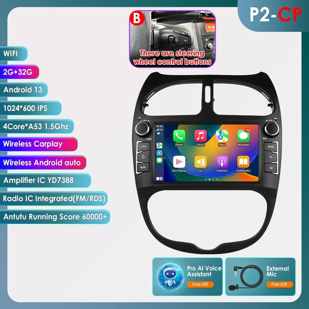 Автомагнитола Carplay, 2DIN, Android, для PEUGEOT 206 206CC 206SW 2000-2008, мультимедиа, P2-CP B