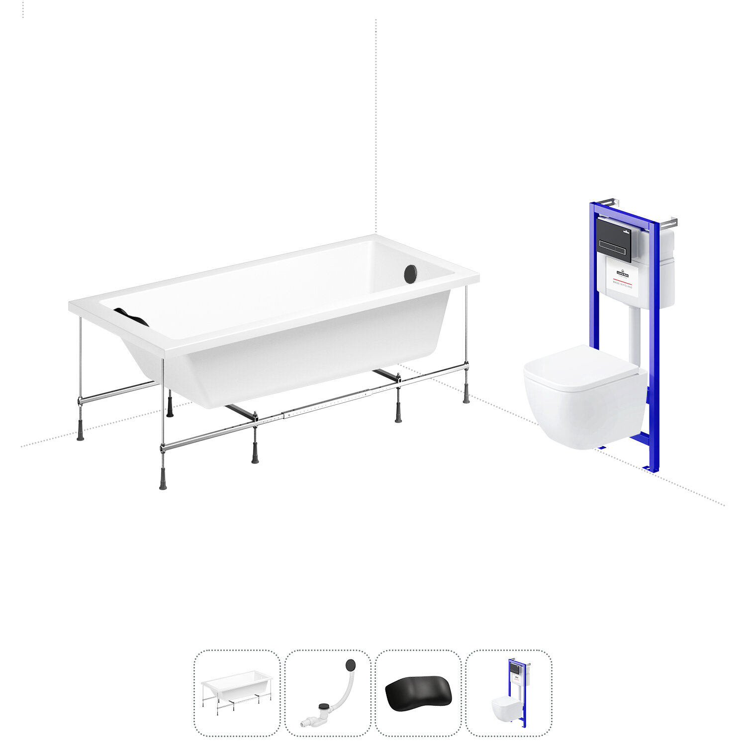 Акриловая ванна 170x80 с каркасом Lavinia Boho Element 20221063R в наборе 5 в 1: ванна, ножки, слив-перелив, подголовник, унитаз в комплекте